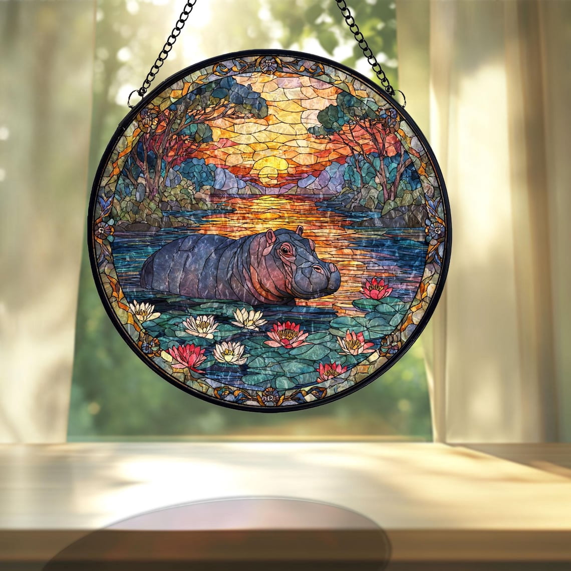 BLESSING DECOR Hippo Glass Suncatcher v3, Sunset River Wildlife Window ...