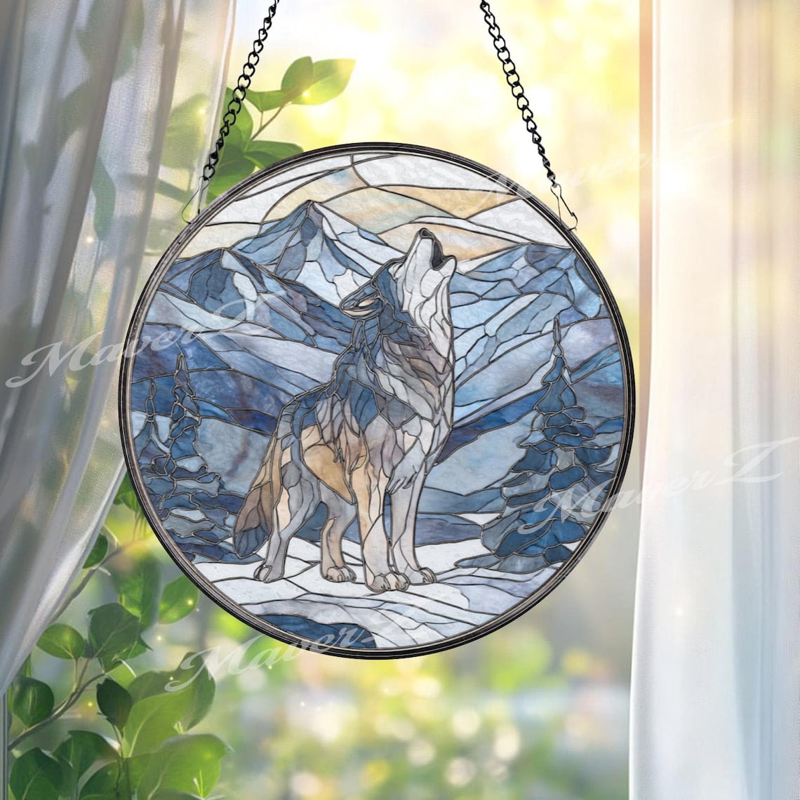 BLESSING DECOR Howling Wolf Glass Suncatcher, Round Mountain Scene ...