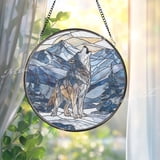 BLESSING DECOR Howling Wolf Glass Suncatcher, Round Mountain Scene ...