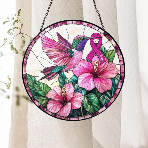 BLESSING DECOR Hummingbird Breast Cancer Glass Suncatcher, Pink Ribbon ...
