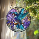 BLESSING DECOR Hummingbird Glass Suncatcher, Round Window Panel Purple ...