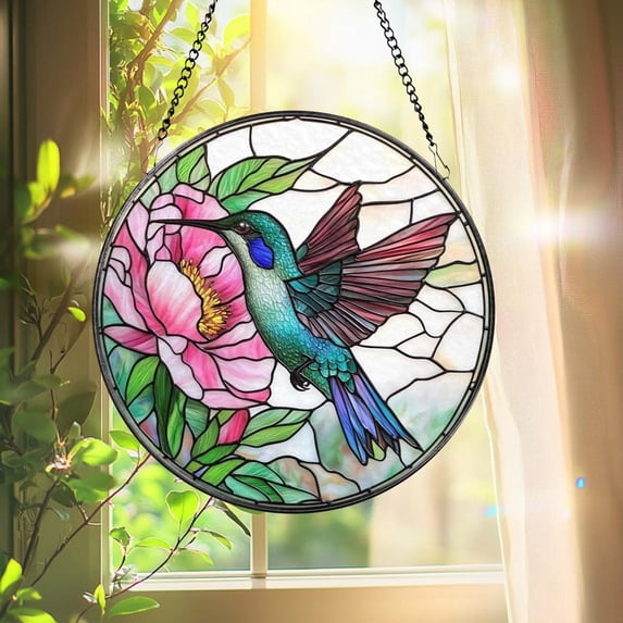BLESSING DECOR Hummingbird and Pink Peony Glass Suncatcher, Round ...
