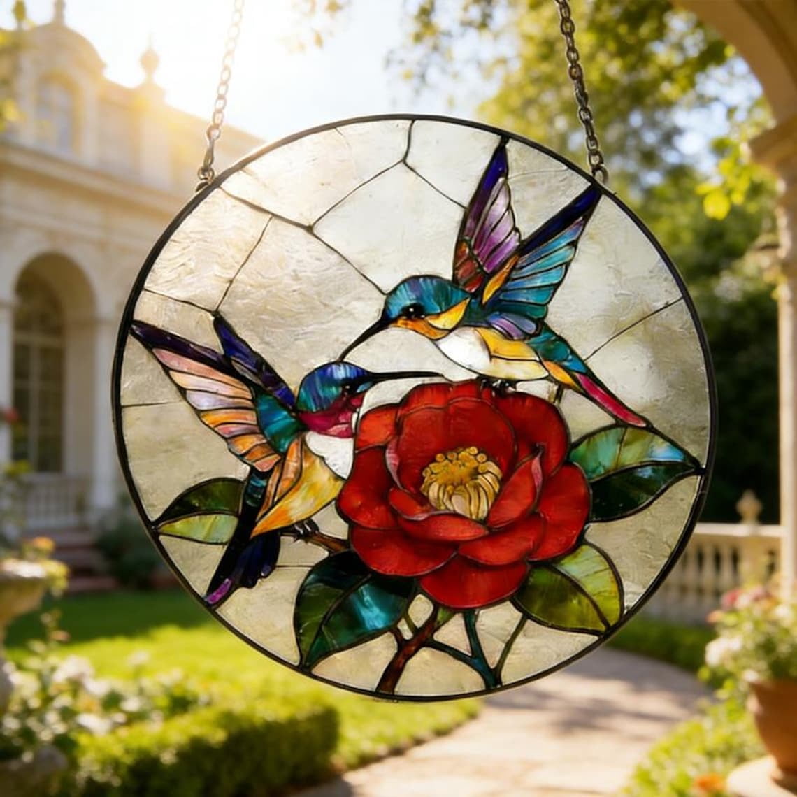 BLESSING DECOR Hummingbird and Red Rose Glass Suncatcher, Floral Window ...