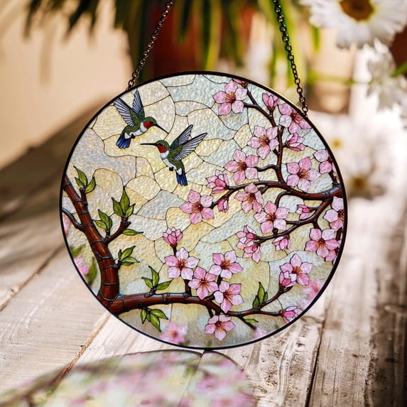 BLESSING DECOR Hummingbirds and Cherry Blossoms Glass Suncatcher, Bird ...