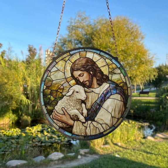 BLESSING DECOR Jesus Holding Lamb Glass Suncatcher v2, Christian Faith ...