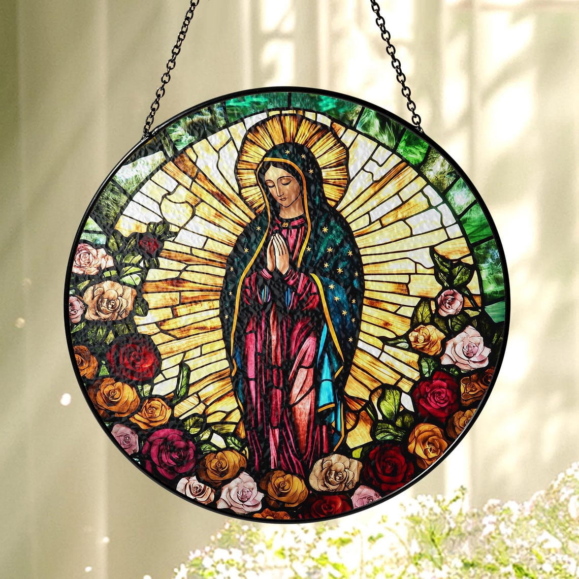 BLESSING DECOR Lady of Guadalupe Glass Suncatcher v12, Virgin Mary ...