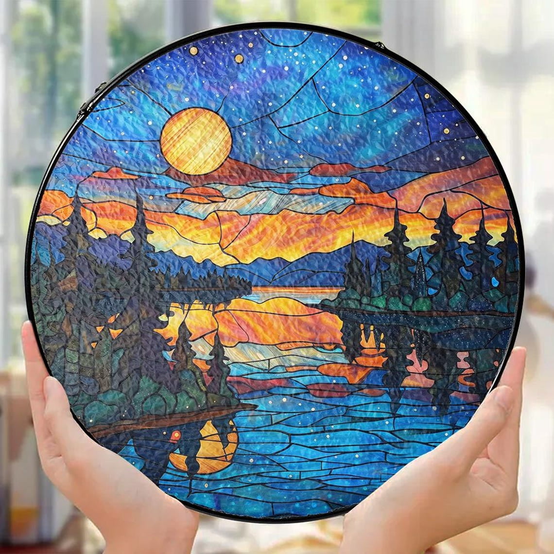 BLESSING DECOR Lakeside Sunset Glass Suncatcher, Coastal Nature Window ...
