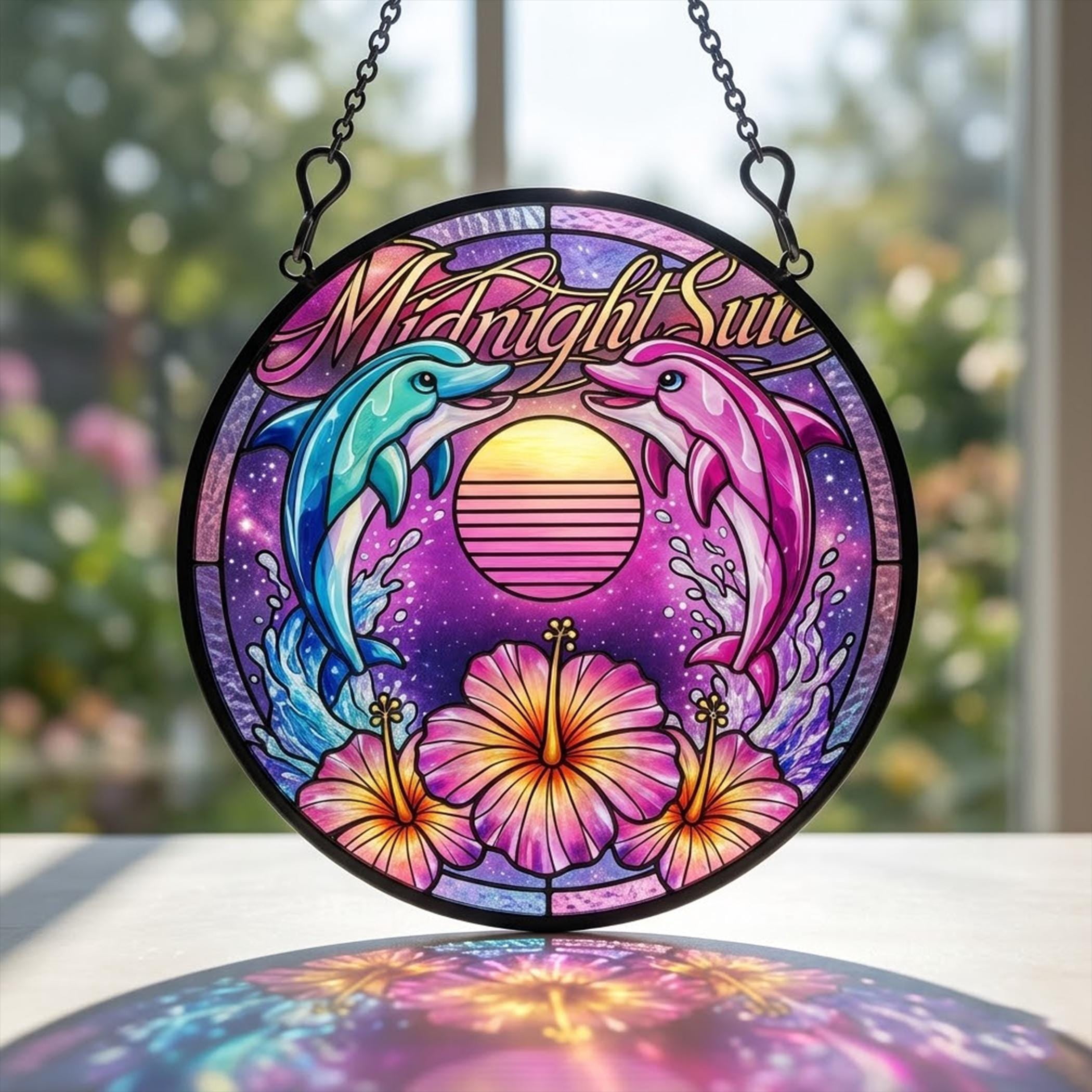 BLESSING DECOR Larsson Midnight Sun Dolphin Stained Glass Suncatcher ...