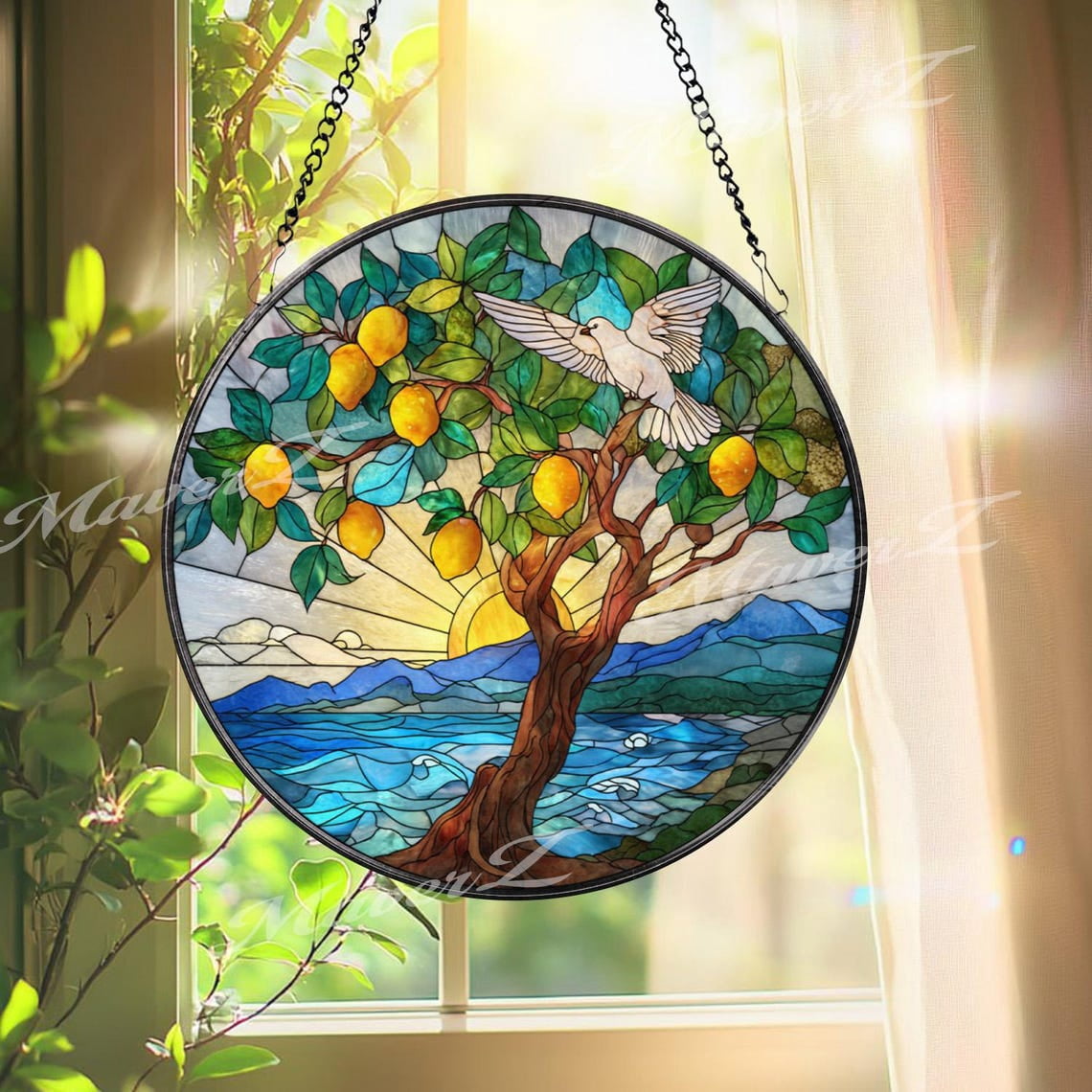 BLESSING DECOR Lemon Tree and Dove Glass Suncatcher, Ocean Wave Sunrise ...