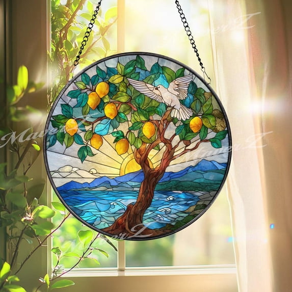 BLESSING DECOR Lemon Tree and Dove Glass Suncatcher, Ocean Wave Sunrise ...