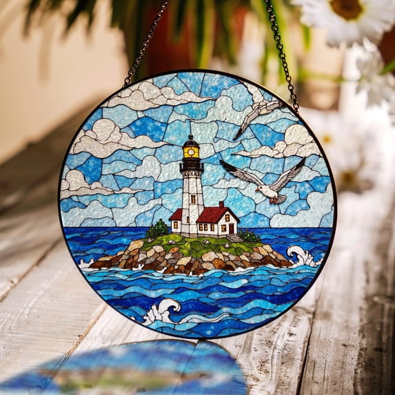 BLESSING DECOR Lighthouse Glass Suncatcher, Coastal Ocean Scene ...