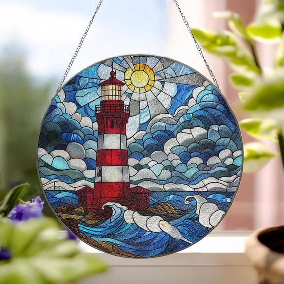 BLESSING DECOR Lighthouse Glass Suncatcher, Lighthouse Window Hangings ...