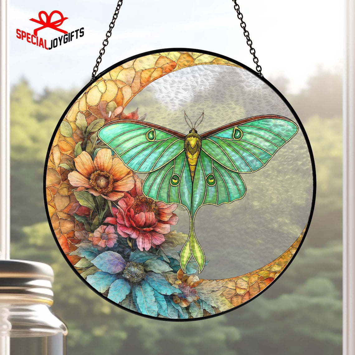 BLESSING DECOR Luna Moth Butterfly Glass Suncatcher, Nature Insect ...