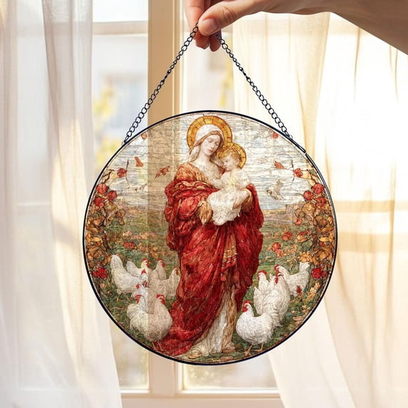 BLESSING DECOR Madonna and Child Glass Suncatcher, Virgin Mary Window ...