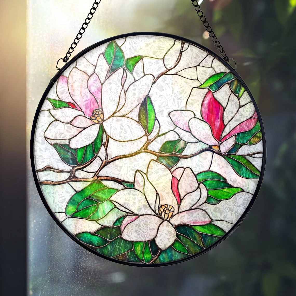 BLESSING DECOR Magnolia Flower Glass Suncatcher v7, White Pink Floral ...