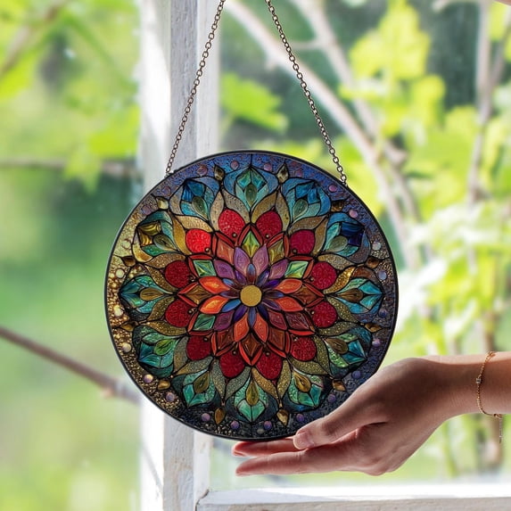 BLESSING DECOR Mandala Painted Glass Window Suncatcher, Boho Spiritual ...