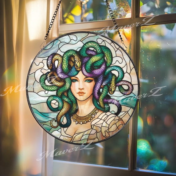 BLESSING DECOR Medusa Glass Suncatcher, Mythical Serpent Goddess Window ...