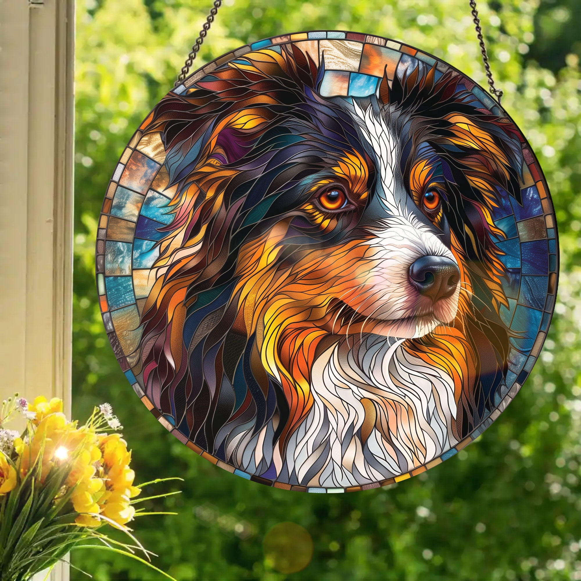 BLESSING DECOR Mini Australian Shepherd: Stained Glass Style Window ...