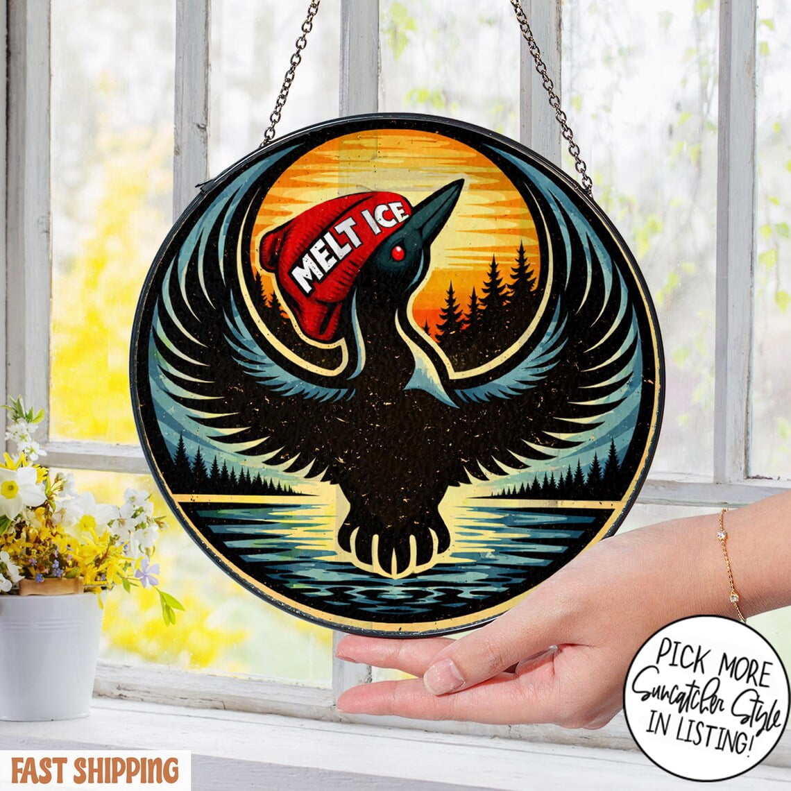 BLESSING DECOR Minnesota Loon Rebel Glass Suncatcher, Red Hat Resist ...