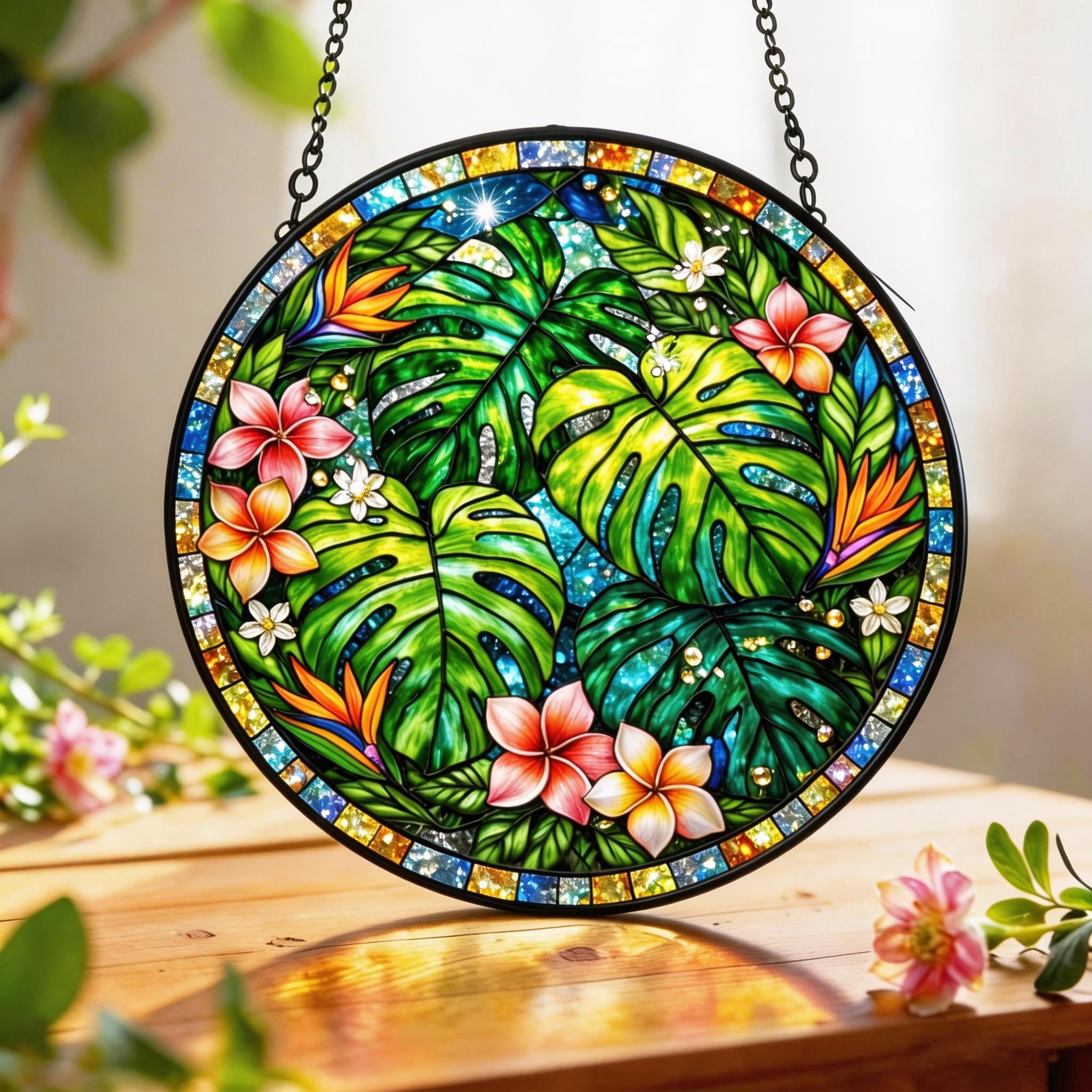 BLESSING DECOR Monstera Leaf Stained Glass Window Decor, Round ...