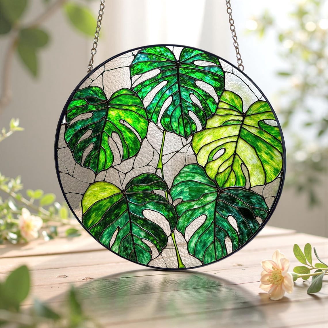 BLESSING DECOR Monstera Plant Glass Suncatcher, Tropical Window Decor ...