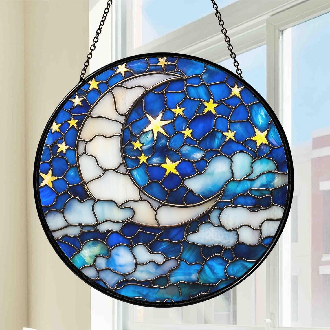 BLESSING DECOR Moon and Star Glass Suncatcher v2, Celestial Night Sky ...