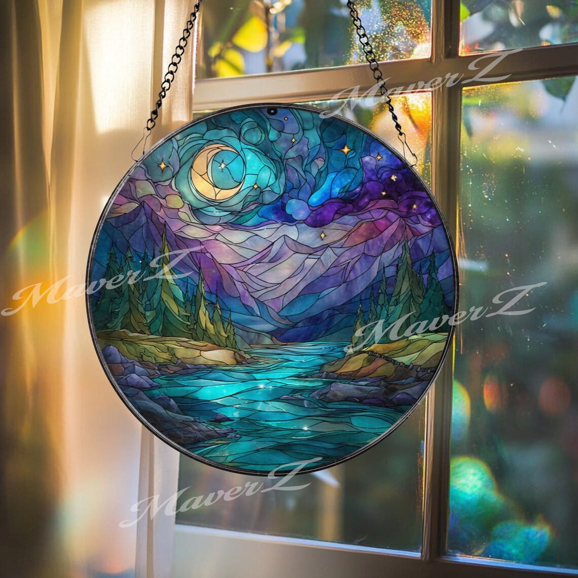 BLESSING DECOR Moonlit Mountain River Glass Suncatcher, Round Night Sky ...