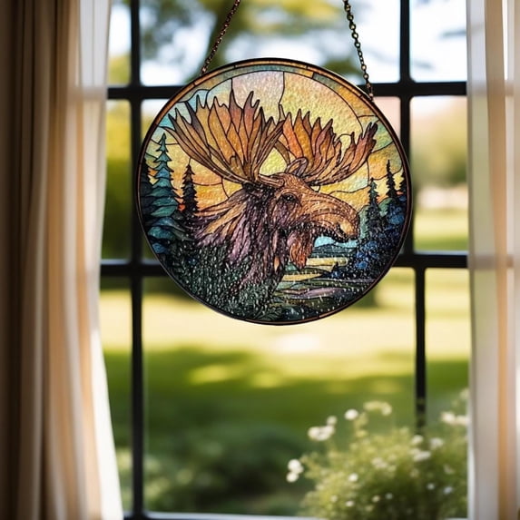 BLESSING DECOR Moose Woodland Stained Glass Suncatcher for Window ...