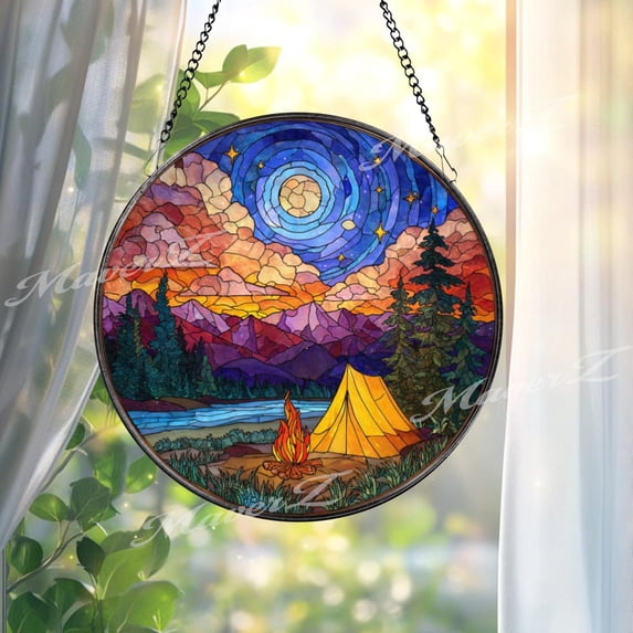 BLESSING DECOR Mountain Camping Glass Suncatcher, Starry Night Tent ...