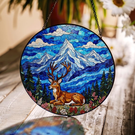 BLESSING DECOR Mountain Deer Forest Scene Glass Suncatcher, Nature ...