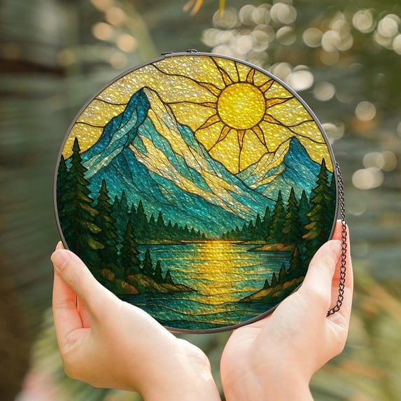 BLESSING DECOR Mountain Lake Suncatcher, Scenic Mountain Window Hanging ...