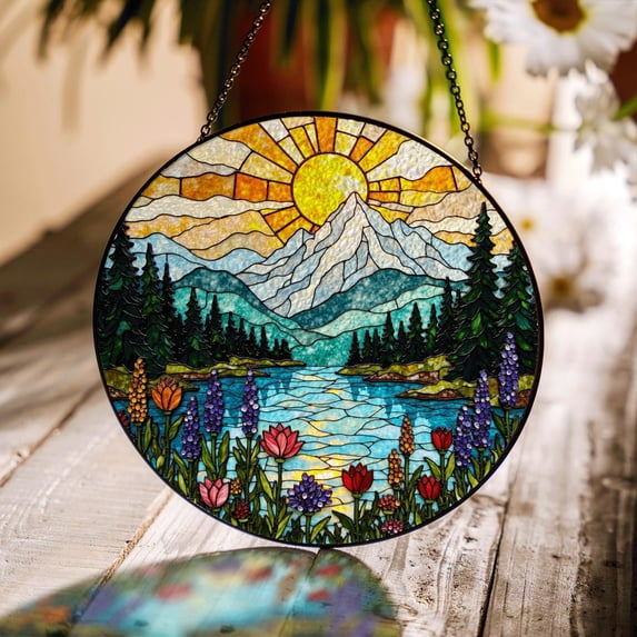 BLESSING DECOR Mountain Lake Wildflower Glass Suncatcher, Window ...