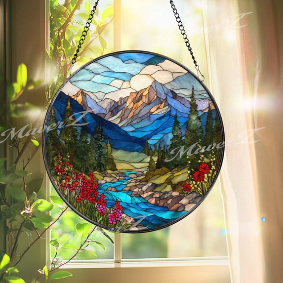 BLESSING DECOR Mountain Landscape Glass Suncatcher, Alpine River Window ...