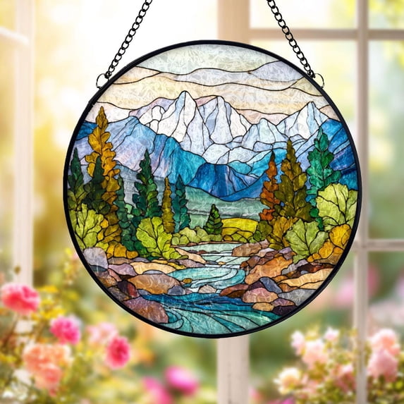 BLESSING DECOR Mountain Landscape Glass Suncatcher v16, Forest River ...
