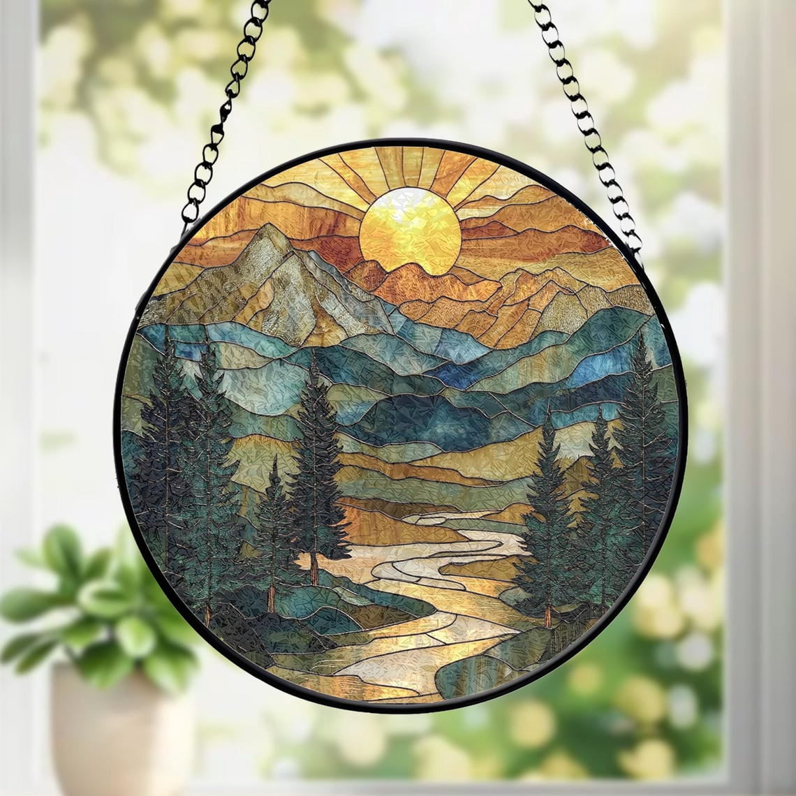 BLESSING DECOR Mountain Landscape Suncatcher, Sunset Over Peaks ...