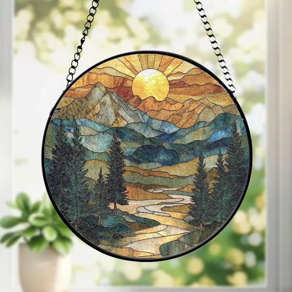 BLESSING DECOR Mountain Landscape Suncatcher, Sunset Over Peaks ...