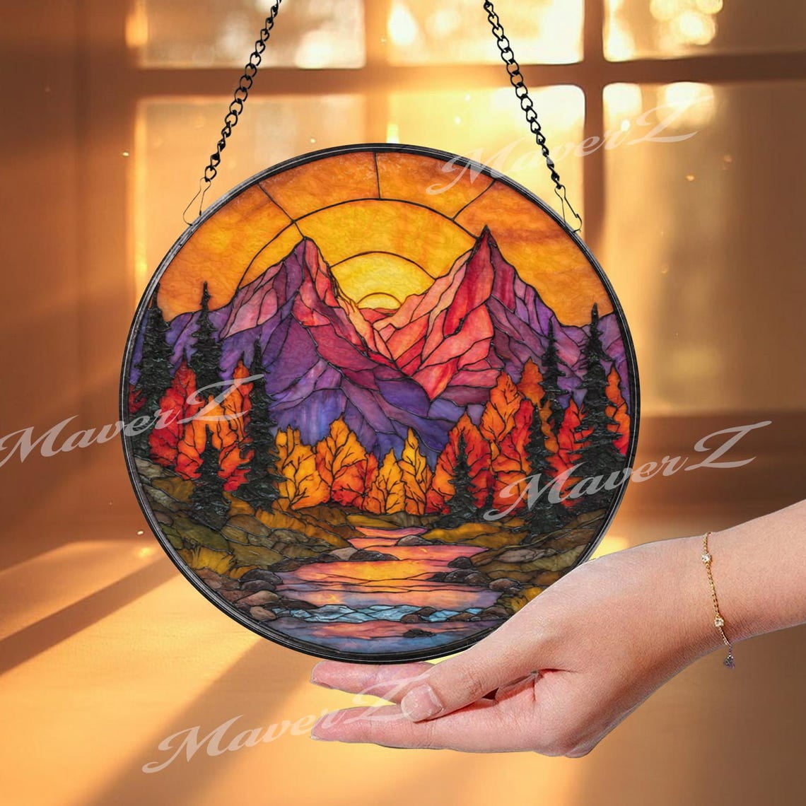 BLESSING DECOR Mountain Sunset Glass Suncatcher, Round Autumn Forest ...