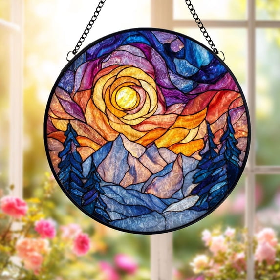 BLESSING DECOR Mountain Sunset Glass Suncatcher v9, Scenic Nature ...