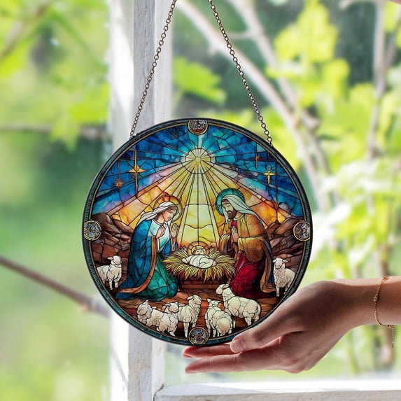 BLESSING DECOR Nativity Glass Window Suncatcher, Christmas Religious ...