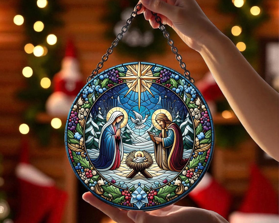 BLESSING DECOR Nativity Scene Glass Suncatcher v5, Holy Family Window ...