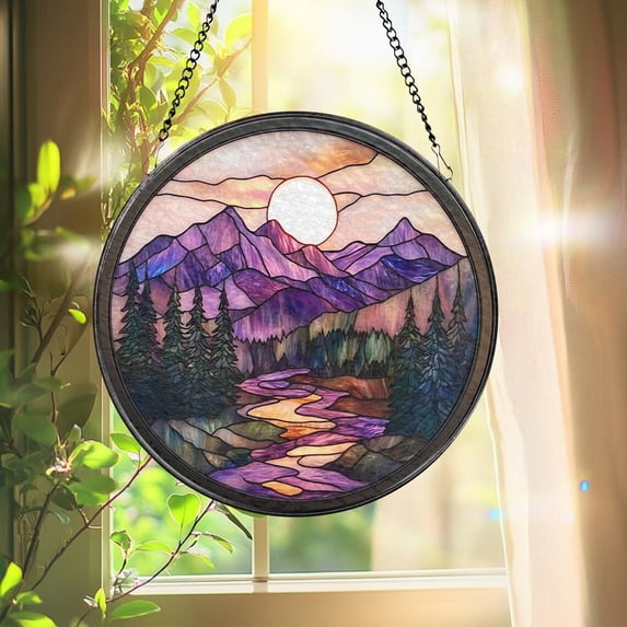 BLESSING DECOR Nature Landscape Glass Suncatcher, Mountain Sunset ...