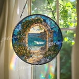 BLESSING DECOR Ocean Archway Glass Suncatcher, Round Coastal Beach ...