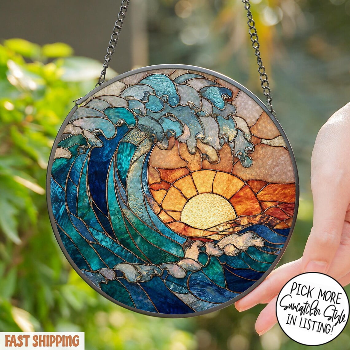 BLESSING DECOR Ocean Wave Glass Suncatcher v6, Coastal Beach House ...