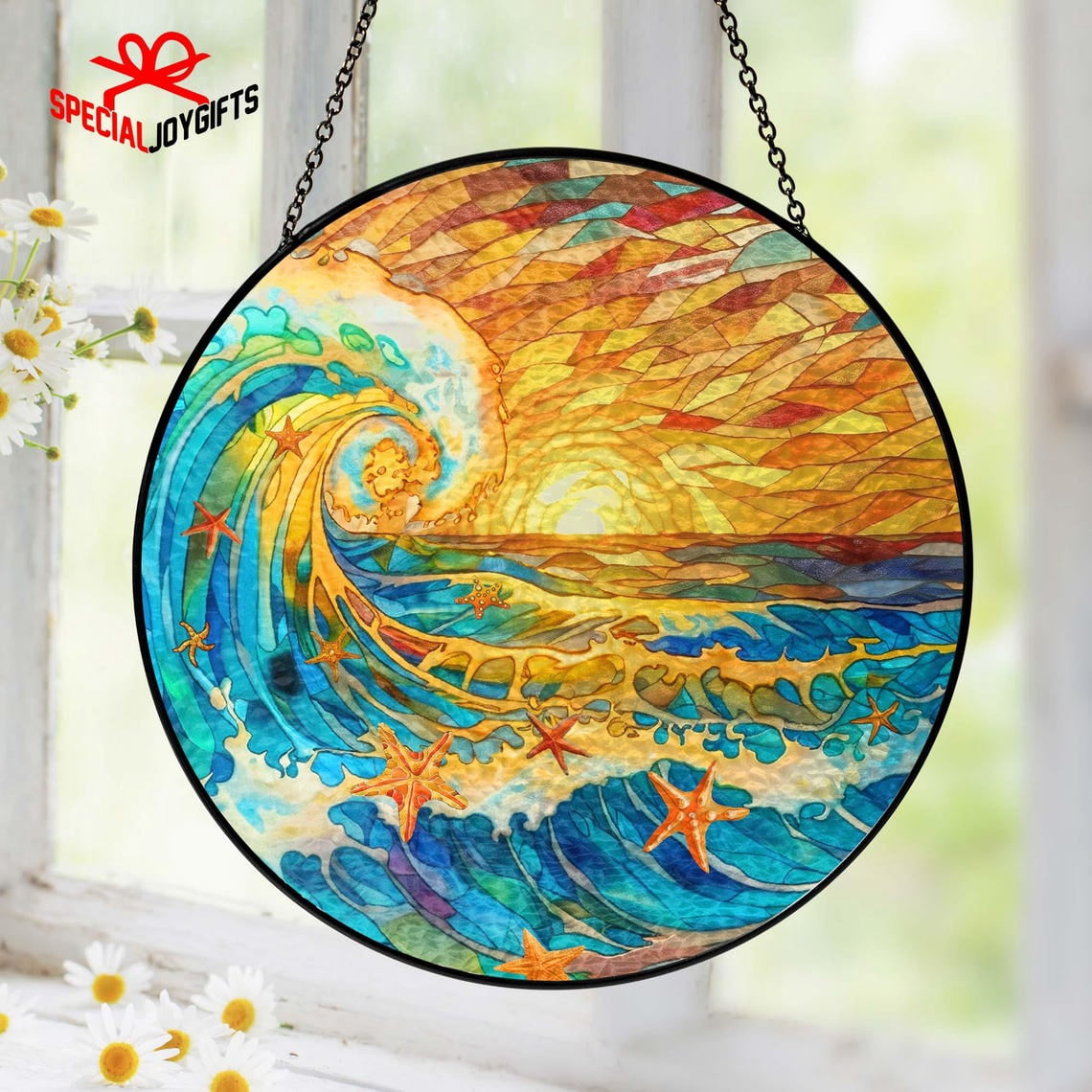 BLESSING DECOR Ocean Waves Starfish Glass Suncatcher, Coastal Beach ...