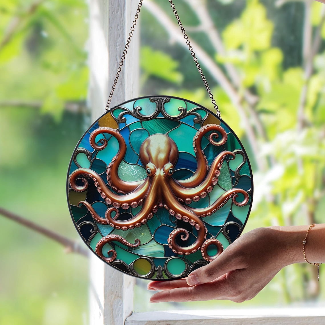 BLESSING DECOR Octopus Art Nouveau Glass Suncatcher, Elegant Sea ...