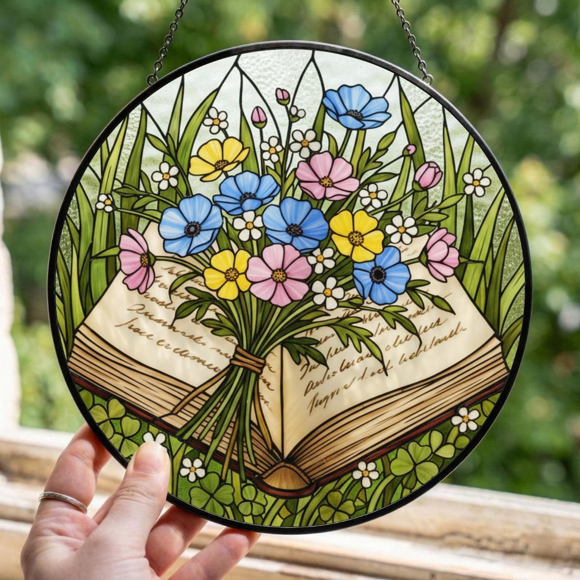 BLESSING DECOR Open Book and Wildflower Bouquet Glass Suncatcher ...
