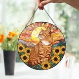 BLESSING DECOR Orange Cat Sunflower Glass Suncatcher, Cat Window ...