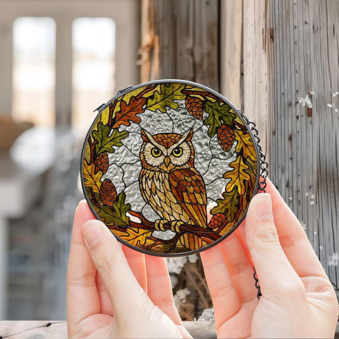 BLESSING DECOR Owl Glass Suncatcher v14, Woodland Autumn Forest ...
