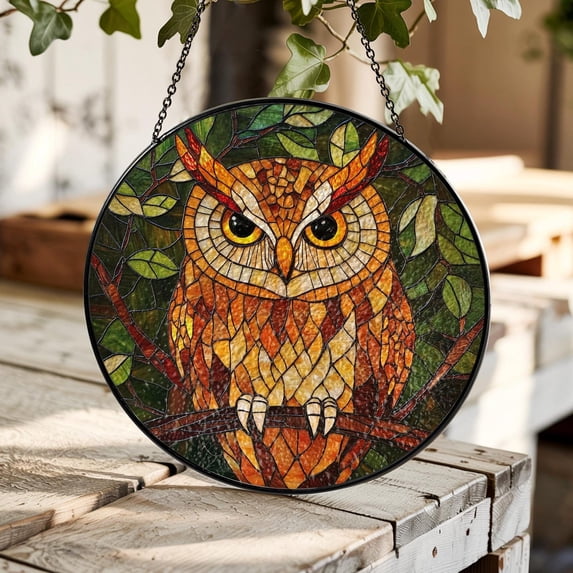 BLESSING DECOR Owl Glass Suncatcher v5, Wise Bird Window Hanging Art ...