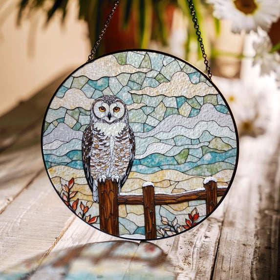 BLESSING DECOR Owl Perched on Fence Glass Suncatcher, Rustic Window ...